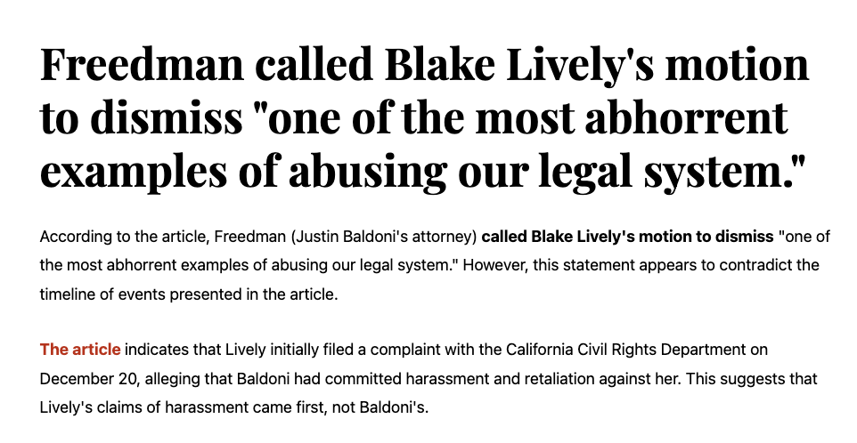 Freedman called Blake Lively’s motion to dismiss “one of the most ...